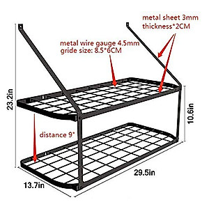 Heavy Duty Kitchen Wall Mounted Hanging Pot and Pan Rack Organizer with Ten Hooks | 2-Tiered Shelves For Kitchen Storage Organization, Bakers Rack, Cast Iron Skillets, Plants, Coffee Mugs (Black, 29")