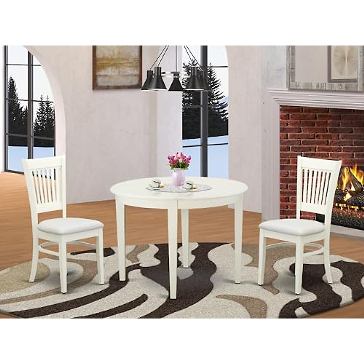 East West Furniture BOVA3-LWH-C 3 Piece Dining Room Furniture Set Contains a Round Dining Table and 2 Linen Fabric Upholstered Chairs, 42x42 Inch, Linen White
