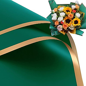 XIGUI 20 Sheets Gold Edge Gift Wrap Paper,Korean Florist Bouquet Supplies,DIY Crafts,Gift Packaging or Gift Box Packaging, Waterproof Floral Wrapping Paper 22.8 * 22.8Inch (Vintage green.)