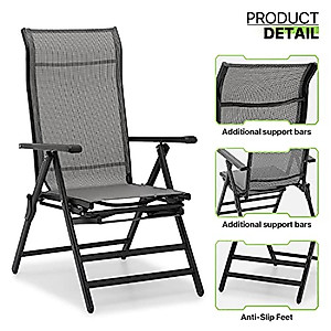 Magshion Outdoor Patio Folding Chairs Set of 2, Portable Dining Chairs with Armrests, Lounge Chairs with Footrests for Camping, Beach, Garden, Lawn, Pool, Backyard, Deck (Grey)