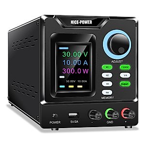 NICE-POWER DC Power Supply Variable 30V 10A, Bench Power Supply with Memory Storage and Encoder Knob, Adjustable Regulated DC Power Supply with Color Display, Output Switch, Lock Button, PC Software
