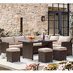 U-MAX 7 Pieces Patio Furniture Set Outdoor Sectional Sofa Conversation Set All Weather Wicker Rattan Couch Dining Table & Chair with Ottoman, Khaki Cushion