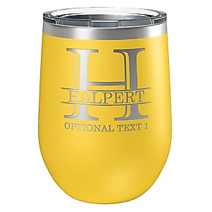 Personalized 12oz (17 Colors) Powder Coated Stainless Steel Stemless Wine Tumbler with Lid, Custom Etched, Customized Gift for Women Her, Wine Lover, Halpert Monogram Initial Name (Yellow)