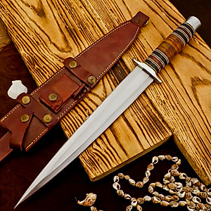Custom Handmade Damascus Steel 17 Inches Outdoor Survival Fixed Blade Knife, Double Edged Serrated Dagger Leather Wood Handle, Leather Sheath Included