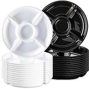24 Pcs 5 Sectional Round Plastic Serving Tray 12 Inches Divided Plates Plastic Chip and Dip Bowl with Dividers Fruit Platter Tray for Parties Veggie Dish Tray for Food Candy Party, Black and White