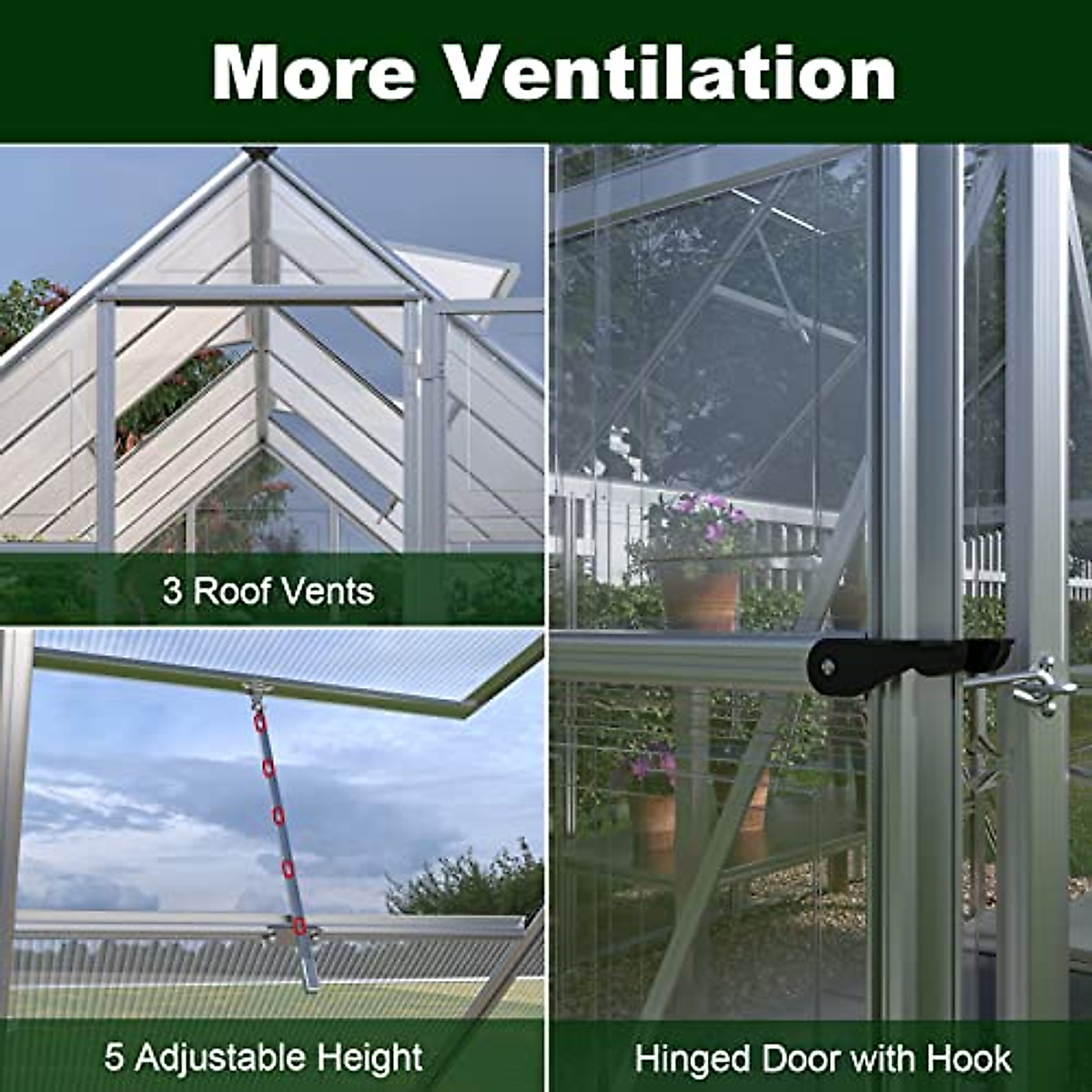 AMERLIFE 6x12 FT Hybrid Polycarbonate Greenhouse with Lockable Hinged Door 3 Vent Window Walk-in Hobby Greenhouse Aluminum Hot House for Outdoor Garden Backyard Silver