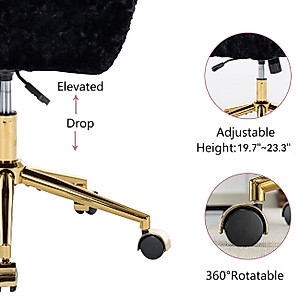 Faux Fur Desk chair Vanity Makeup Chair, Comfy Fluffy Swivel Home Office Chiar with Wheels, Height Adjustable Comfy Fluffy Desk Chair for Teens Girls Women, Easy Movable (Black-rabbit fur, Gold Base)