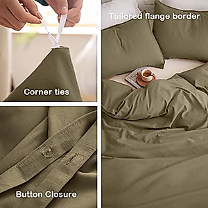 Olive Green Linen-Textured 55% Viscose from Bamboo 45% Cotton Duvet Cover Set, Pre-washed Soft Breathable Queen Size Duvet Cover for Hot Sleepers, Natural Organic Duvet Cover with 2 Pillowcases