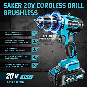 Saker Cordless Drill Set, Brushless 20V Electric Drill with Drill Bits, 3/8-Inch Keyless Chuck, 2 Variable Speeds, 430 In-lbs Torque Battery Power Screwdriver Driver for Plastic, Wood, Metal, Screws