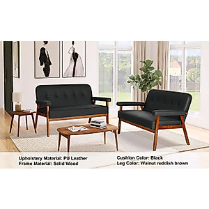 STHOUYN 50”W Black Faux Leather Small Office Couch Loveseat Sofa with Wood Arms, Mid Century Modern Love Seat Sofas Lounge Armchair Living Room Bedroom (Black (loveseat))