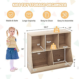 HONEY JOY Toy Storage Organizer with Bookcase, 5-Cubby Children Bookshelf Toy Storage Cabinet, Open Kids Toy Storage Shelf Book Display Rack for Playroom, Bedroom, Kindergarten, Nursery, School