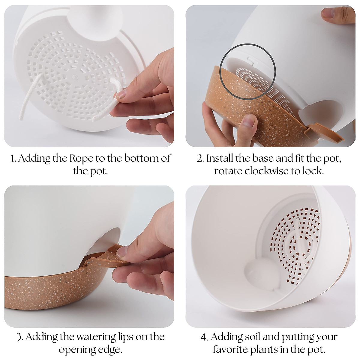 Giraffe Creation 9 inch Plant Pots 2-Pack, Self Watering Flower Pots Indoor Outdoor, Planters with Drainage Hole Saucer Reservoir, White Brown