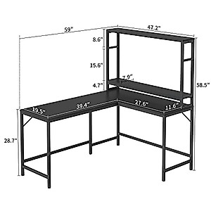 CubiCubi L Shaped Desk with Hutch, 59.1" Corner Computer Desk, Home Office Study Writing Desk Computer Workstation with Two Tier Bookshelf, Black