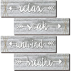 Jetec 4 Pieces Bathroom Decor Wall Art Farmhouse Bathroom Decor Soak Relax Unwind Breathe Wooden Signs Rustic Bathroom Decor with Arrow Vintage Country Bathroom Decor for Home Laundry Room (Purple)