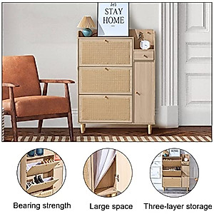 RUNOLIG Rattan Shoe Cabinet, Hidden Shoe Storage with Rattan Mesh Design and 2 Hanging Hooks, Wood Shoe Organizer with 3 Flip Down Drawers and 2 Storage Drawers, Narrow Shoe Cabinet for Entryway