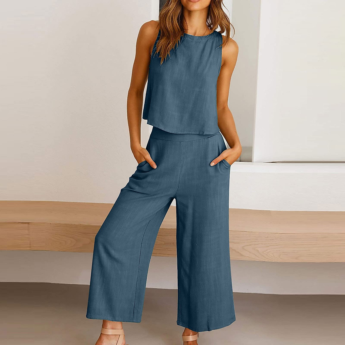 Two Piece Outfits for Women Summer 2025 Plus Size Sleeveless Outfit Casual Wide Leg Pants Set with Pockets Sets