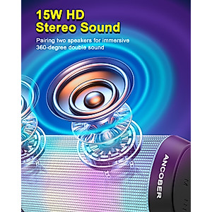 ANCOBER Wireless Bluetooth Portable Speaker 15W Stereo Sound with RGB LED Light Dynamic Modes, IPX4 Waterproof Bluetooth Speakers, BT5.3, TWS Surround Pairing, for Party Outdoor Camping Christmas