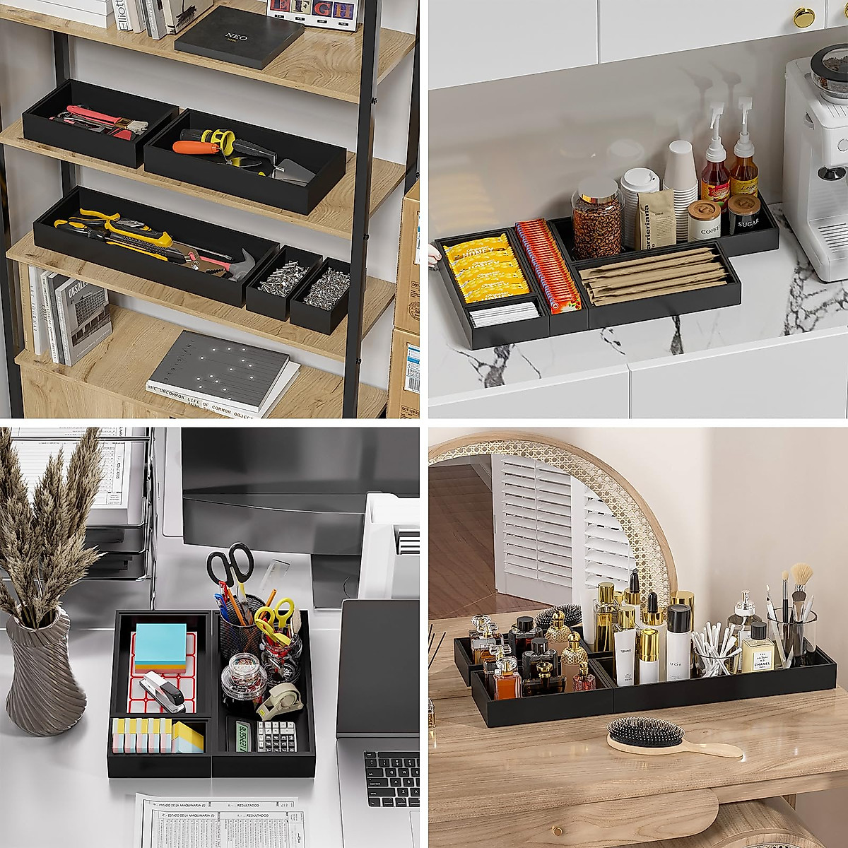 Lixple Bamboo Kitchen Drawer Organizer - Set of 2, Stackable Utensil Organizers, Wooden Storage Box Tray for Cabinet, Pantry, Bathroom Countertop, Multi-use Organization and Storage (Black)