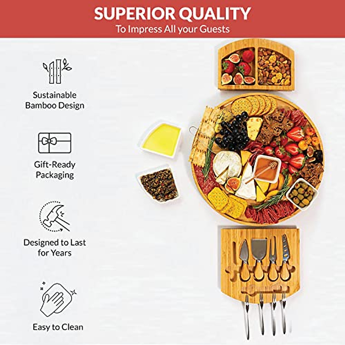 Large Round Charcuterie Board Set - 16 In, Round Cheese Board and Knife Set, Large Charcuterie Board, Round Cheese Board, Charcuterie Boards Extra Large, Wood Charcuterie Board Round, Charcuterie Tray