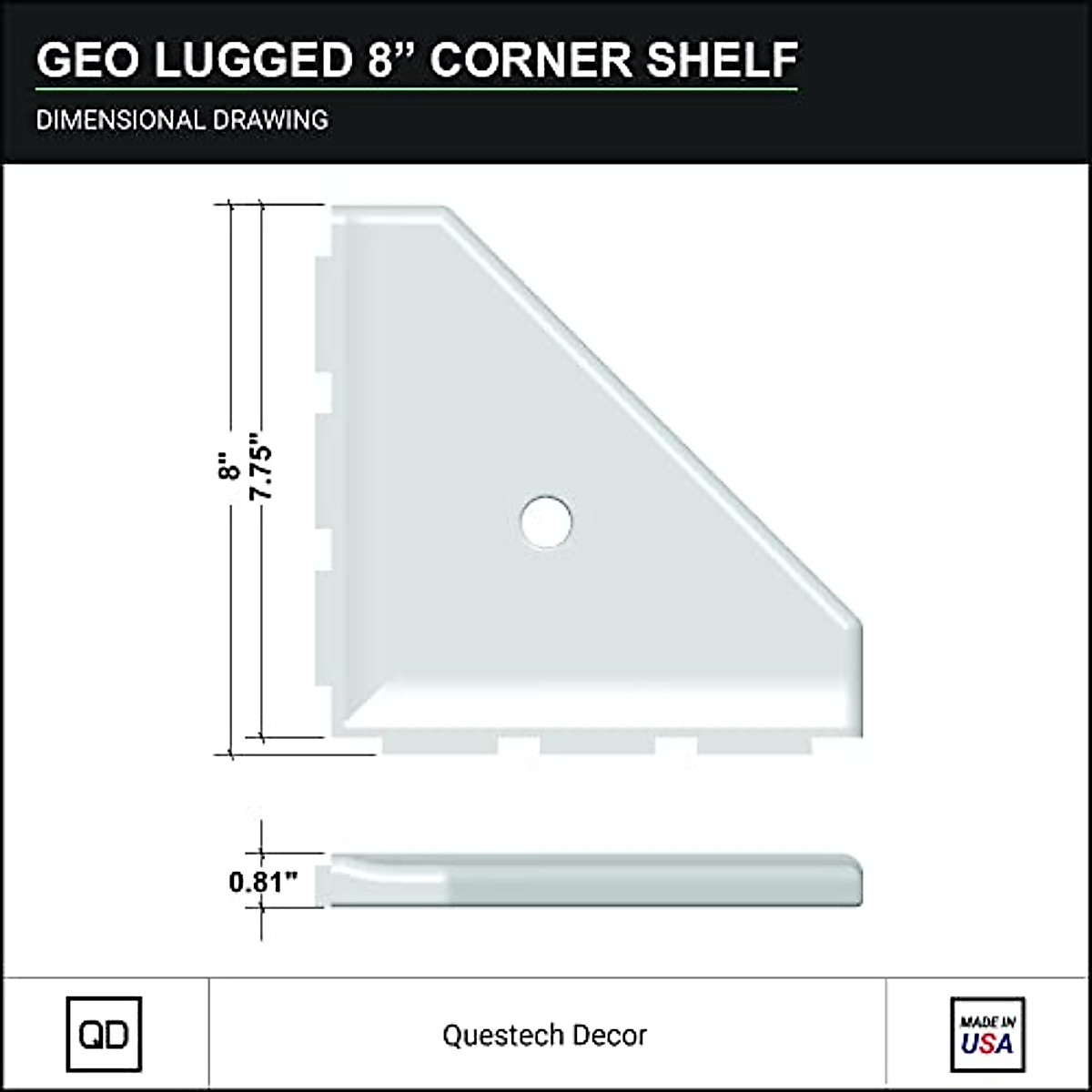 Questech Décor 8 Inch Corner Shower Shelf Bathroom Caddy, Lugged For New Construction, Corner Shower Shelf For Tiled Shower Walls, Corner Bathroom Shelf, 8 Inch Geo Lugged, Bright White Matte