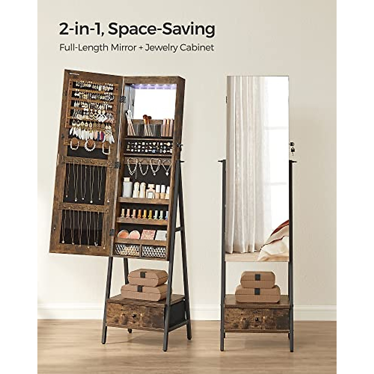 SONGMICS LED Cabinet Standing, Lockable Jewelry Armoire with Full-Length Mirror, Space-Saving Jewelry Organizer with Mirror, Bottom Drawer and Shelf, Gift Idea, Rustic Brown UJJC025X01