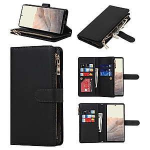 Jaorty for Google Pixel 6 Phone Case Wallet for Women Men with Crossbody Strap Lanyard,Pixel 6 Wallet Case with Card Holer,Zipper Pocket PU Leather Phone Case for Pixel 6, 6.4 Inch, Black