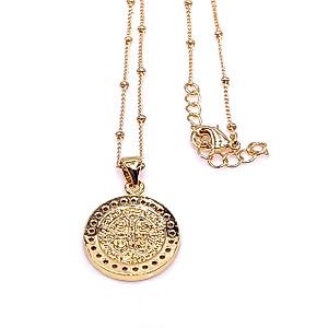 LESLIE BOULES 18K Gold Plated Saint Benedict Pendant Necklace Religious Jewelry for Women