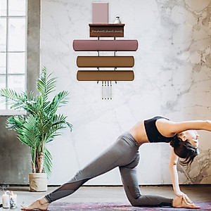 Yoga Mat Holder Wall Mount,Home Gym Equipment Accessories,Thick Accessories Meditation Yoga Mat,with Wood Floating Shelves and 4 Hooks for Hanging Foam Roller and Resistance Bands at Fitness Class or