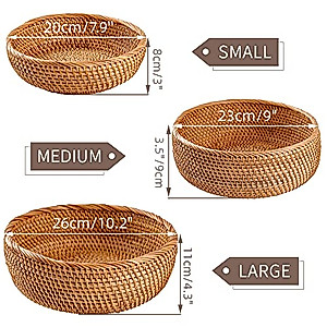 FIYAMMY Rattan Bread Baskets, Rattan Round Fruit Baskets, Natural Wicker Storage Bowls Decorative Baskets for Kitchen Set of 3