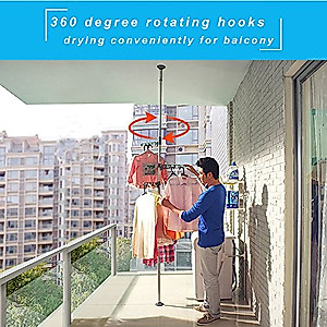 BAOYOUNI 4-Tier Standing Clothes Laundry Drying Rack Coat Hanger Organizer Floor to Ceiling Adjustable Metal Corner Tension Pole, Grey