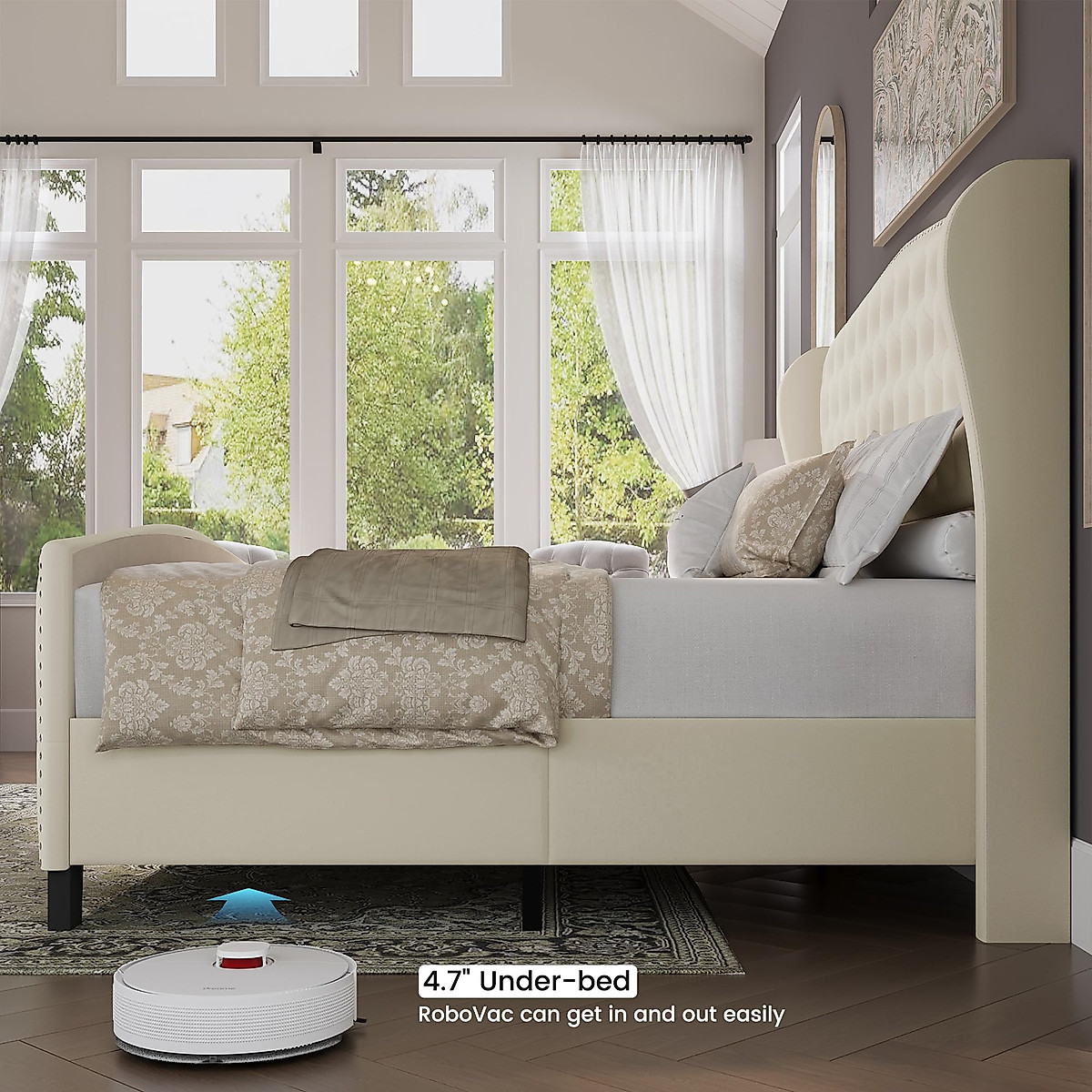 BRELTAM Upholstered Queen Size Bed Frame Velvet Beige Tufted Platform Bed Frame with Wingback Headboard & Footboard, with Deep Button Tufted & Nailhead Wooden Slats Support, No Box Spring Needed