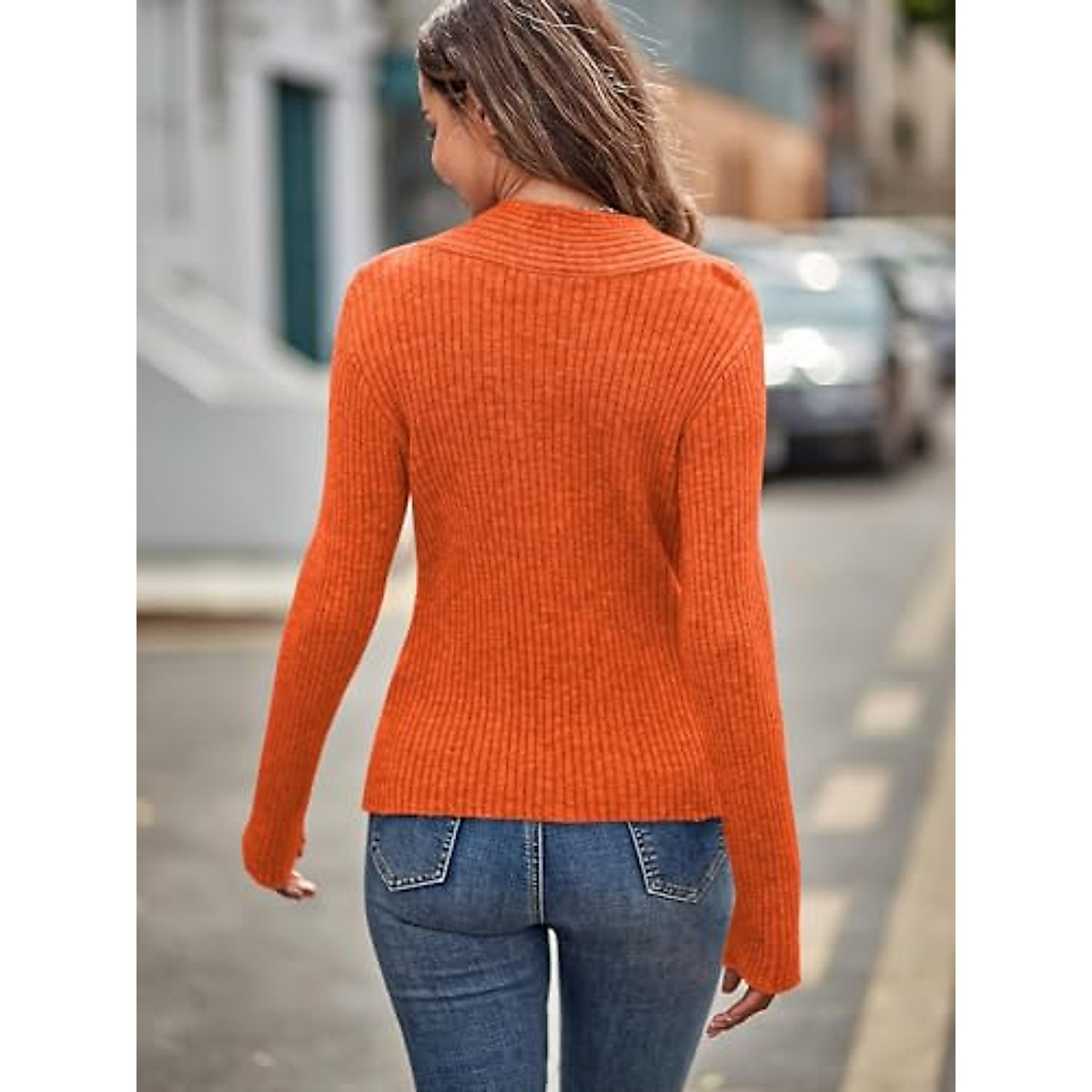 ZAFUL Women's Criss Cross V Neck Sweaters 2024 Fall Front Slit Ribbed Knit Pullover Sweater Jumper Tops Orange