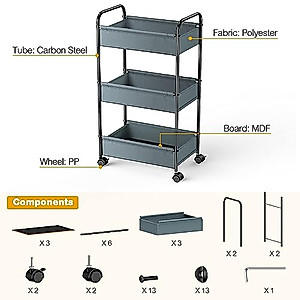YASONIC 3-Tier Rolling Cart, Easy Assembly, Move, Lightweight, Gray