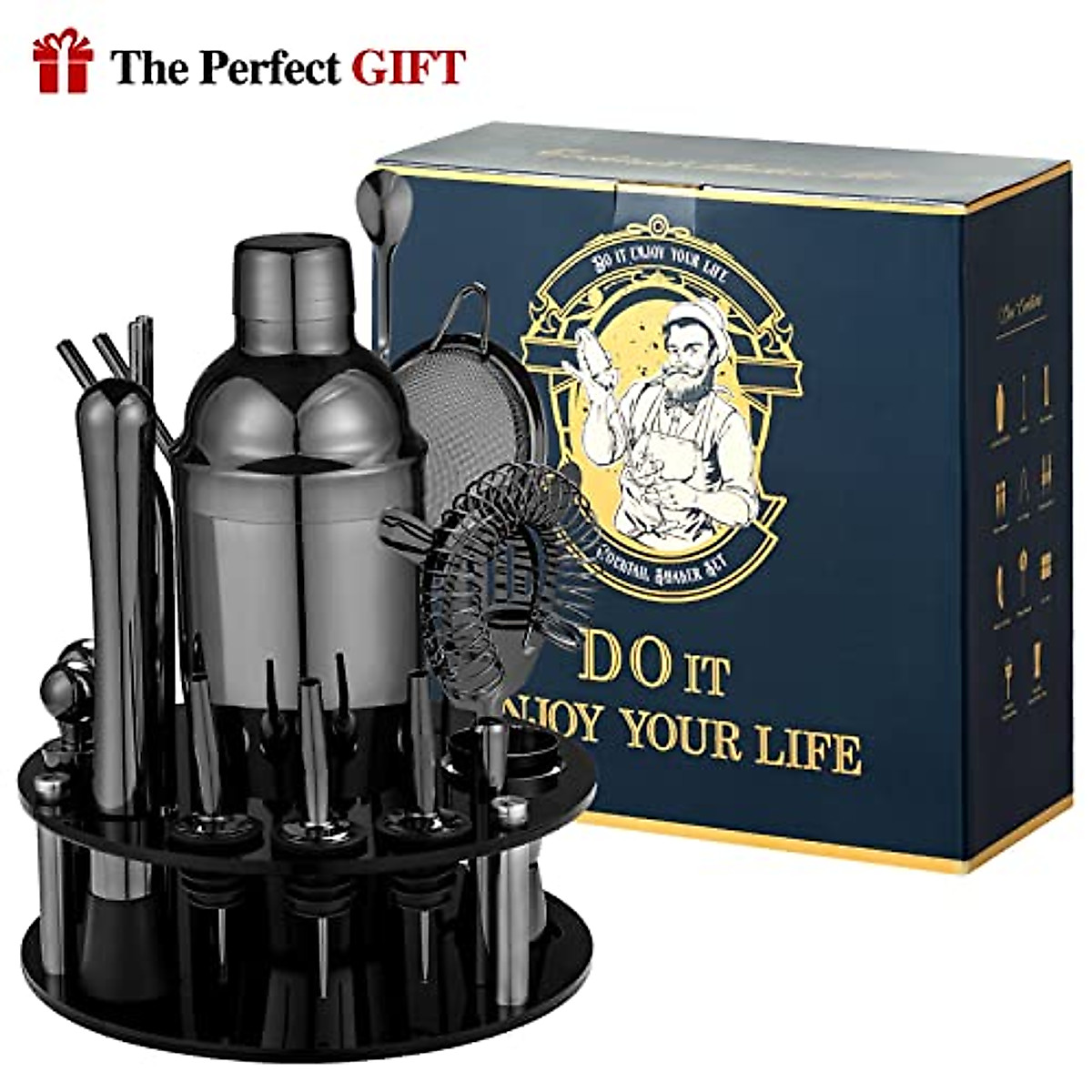 Oyydecor 18 Piece Cocktail Shaker Set with Rotating Stand, Gifts for Men Dad Grandpa, Stainless Steel Bartender Kit Bar Tools Set, Home, Bars, Parties and Traveling (Gun-Metal Black)