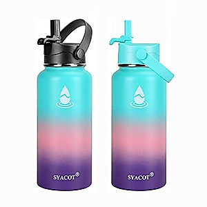 SYACOT 32 oz Stainless Steel Water Bottle, Insulated Double Wall Vacuum Leak Proof Water Flask, Metal Thermo Canteen Mug —Wide Mouth with 2 Straw Lids and spout lid