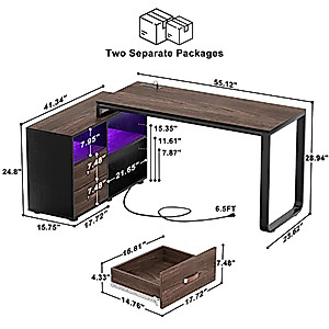 L Shaped Desk with File Cabinet & Power Outlet, 55 Inch Large Corner Computer Desks with LED Strip, L-Shaped Computer Desk with Drawers and Storage Shelves for Home Office, Espresso