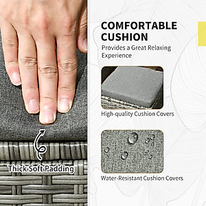 Outsunny 6 Piece Patio Dining Set, PE Rattan Furniture Set with 2 Chairs Cushions & Outdoor Loveseat Sofa, Woodgrain Slatted Dinner Table, Gray