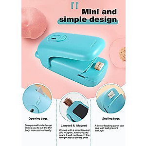 NOBVEQ Mini Bag Sealer, Handheld Heat Vacuum Sealer, Cutter with Lanyard and 2 in 1 Heat Sealer, Portable Bag Resealer Machine for Plastic Bags Food Storage Snacks Freshness - LakeBlue