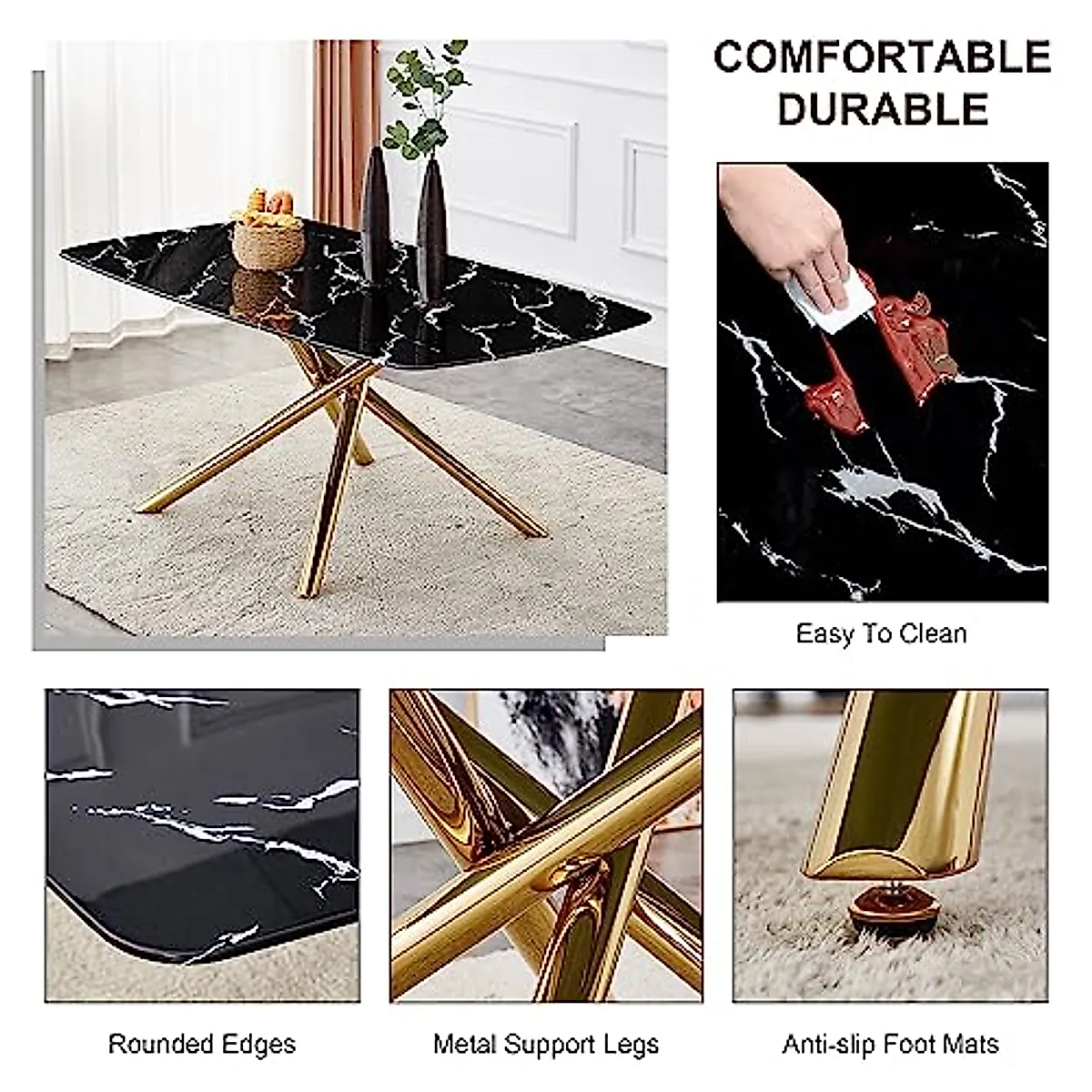 Baysitone Rectangular Glass Dining Table Set for 6, 71 inch Black Marble Polishing Dining Table with 4 Golden Coated Metal Legs, PU Faux Leather Chairs with Golden Metal Legs for Kitchen, Dark Gray