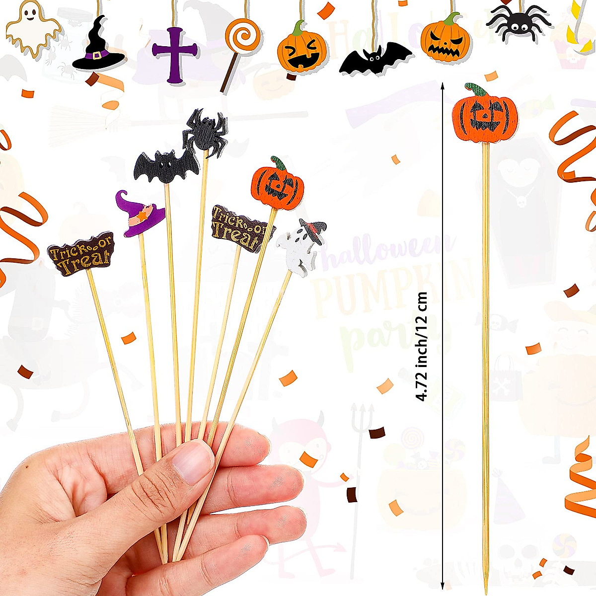 Halloween Cocktail Picks Pumpkin Spider Hat Ghost Letters Bamboo ToothPicks Appetizer Bamboo Toothpicks for Halloween Cake Food Decoration (100 Pieces)