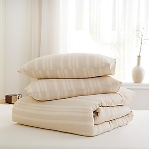 MOVE OVER Striped Linen Comforter Set Queen Linen Cotton Blend Bedding Comforter Set 3 Pieces Wide and Narrow Stripe Design Neutral Style Flax Comforter Set for All Season