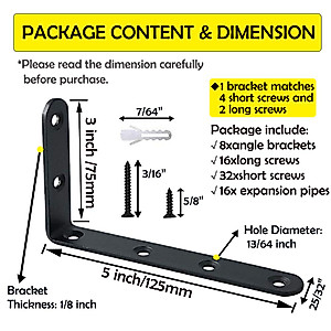 Corner Brace 8 Pcs Shelf Bracket Heavy Duty Black Steel L Corner Brace, Decorative Joint Angle Bracket for Shelf 5 InchX3 Inch Shelves Wall Hanging Bracket with Screws (125X75mm(5 InchX3 Inch)(8PCS))