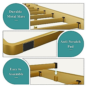 iPormis Twin Size Metal Bed Frame with Velvet Button Tufted Headboard, Curved Platform Frame, Thicker Steel Slats Support, 12'' Under-Bed Space, Noise-Free, Easy Assembly, Gold & Beige