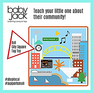 Baby Jack & Co 8x8” Learning Lovey Milwaukee Wisconsin Tag Toys for Babies - Baby Crinkle Toys - Soft & Safe - Learn USA Cities and Shapes - Ideal Baby Toy & Gift BPA Free w/Stroller Clip