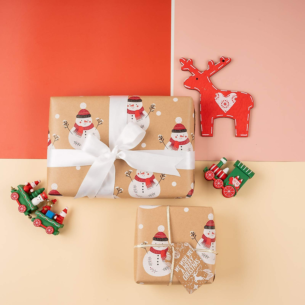 RUSPEPA Christmas Wrapping Paper, Kraft Paper - Christmas Design with Snowman - 24 inches x 100 feet, Jumbo Roll