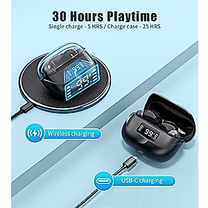 Wireless Earbuds Bluetooth Headphones, Stereo Earphones with 4-Mics Clear Call, 30Hrs Playtime & Wireless Charging, Deep Bass Headset with Dual LED Display Touch Control for iPhone/Android Matte Black