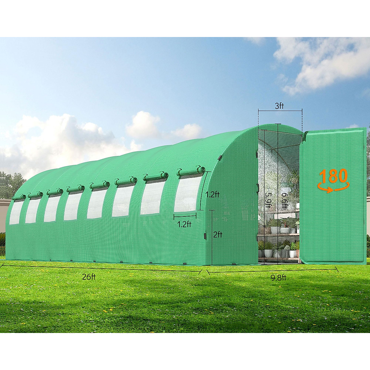 Papababe 26x10x7ft Large Walk-in Greenhouse for Outdoors with Watering System Upgraded Swing Door Tunnel Greenhouse kit, Heavy Duty Galvanized Steel Frame,Ground Pegs & Film Clips,16 Windows, Green