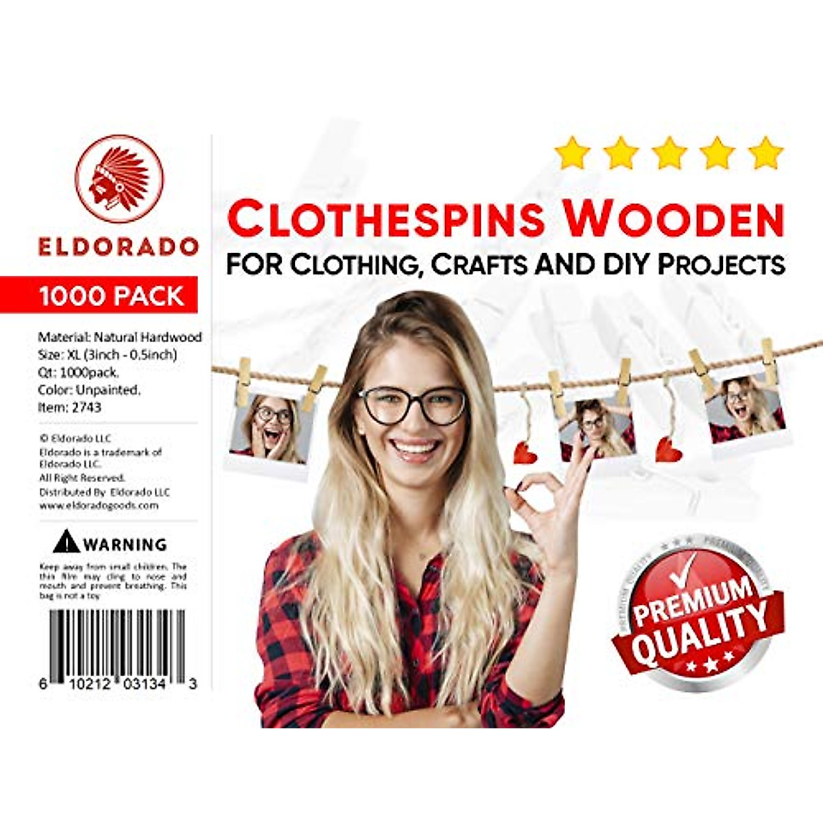 Eldorado Clothespins, Natural Wood, 3" x 0.5" inches, Super Value Pack of 1,000 for Multipurpose Everyday Clothing, Laundry, Drying, Crafts, and DIY Projects, Size XL. (1000)