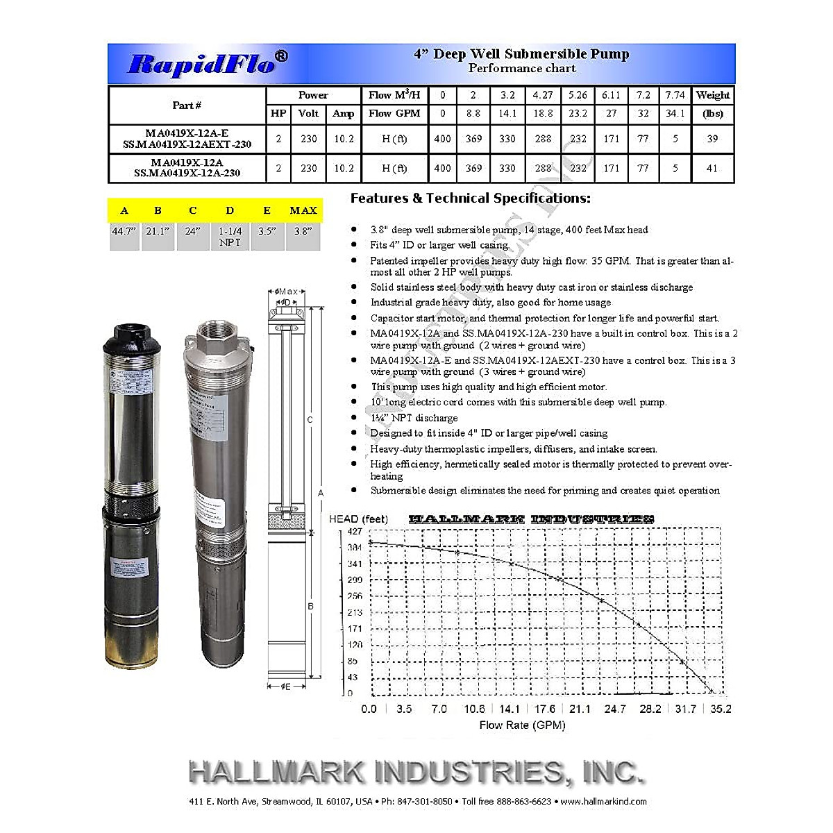 Hallmark Industries MA0419X-12A, Deep Well Submersible Pump, 2HP, 230V 60HZ, 33 Gpm, Stainless Steel, for 4" or bigger well