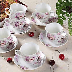 GuangYang China Tea Cups and Saucers Set of 6-7ounce/200ml - Tea Gift Sets for Adults - Purple Floral Porcelain TeaCup with Saucer for Tea Party(Total 12 Pieces)